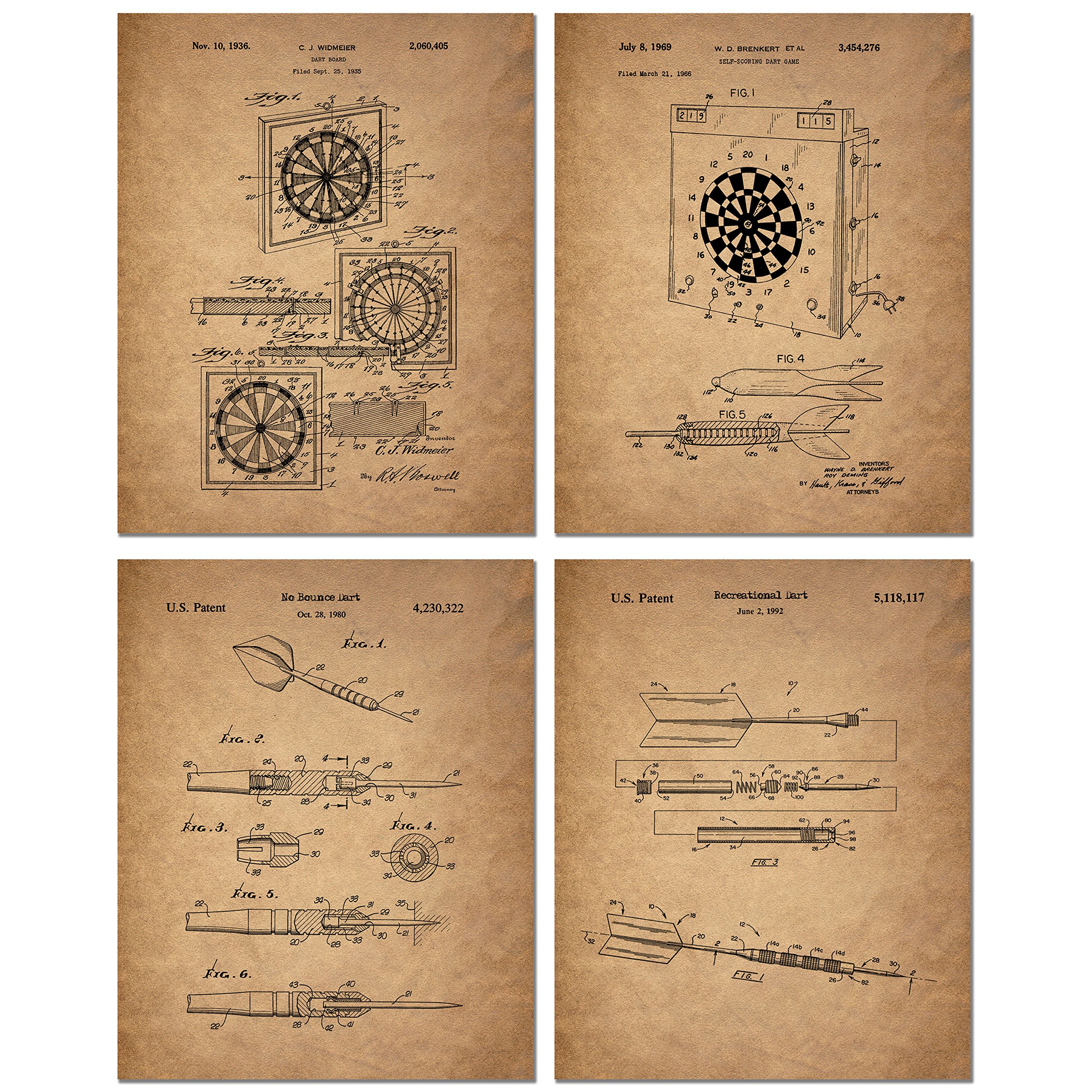 BigWig Prints Darts Patent Wall Art - Vintage Decor Poster Prints Featuring Dartboard and Dart Designs, Rustic Room Decorations for Bar, Game Room, or Man Cave - Unframed Set of 4 (8x10)