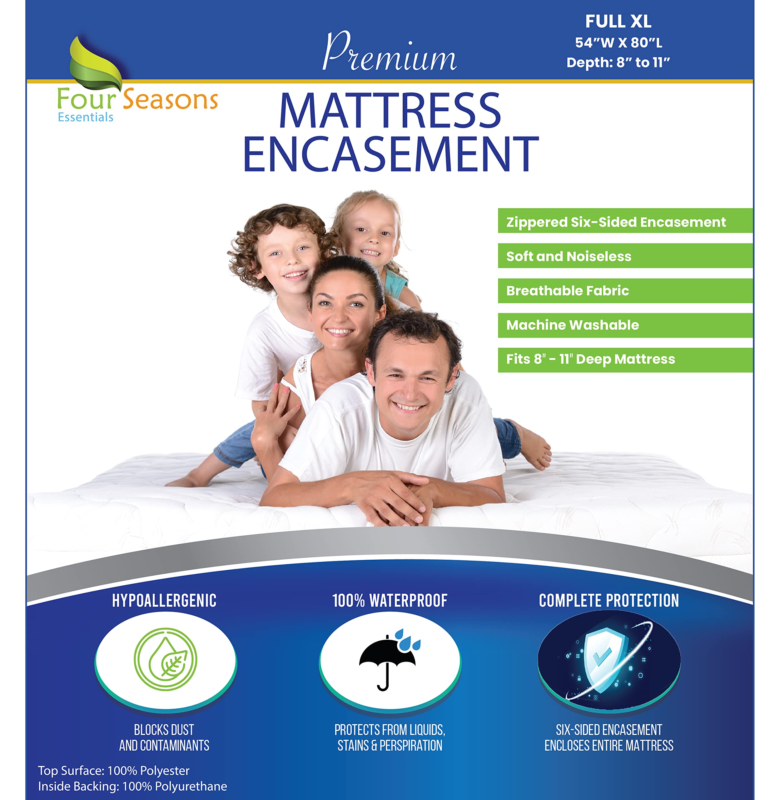 Full Extra Long (XL) Mattress Protector (8"-11" Depth) Waterproof Zippered Encasement Premium Quality Bed Cover Protects Against Dust White