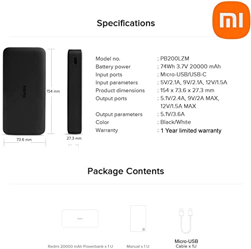 Xiaomi Redmi 20000mAh Fast Charge Power Band Bundled with Mi Ultra Compact 10000mAh Power Bank - Best Combination of Capacity and Mobility