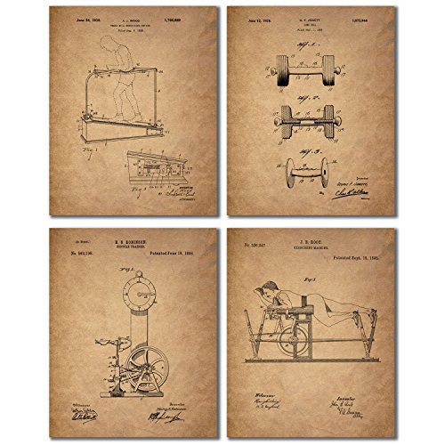 Workout Patent Prints - Set Of 4 Gym Decor Wall Art Photos - Weight Lifting Exercise Treadmill