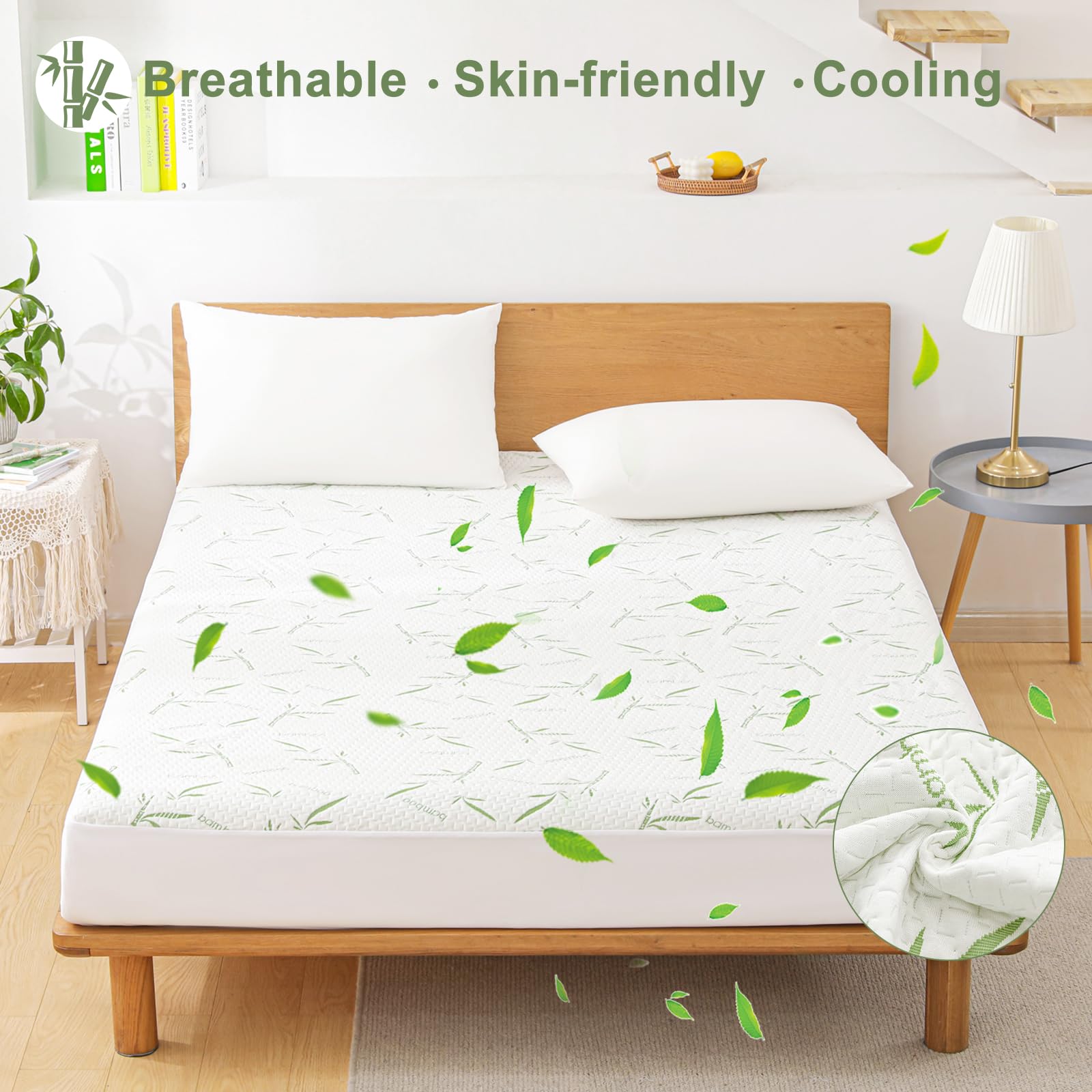 Full Waterproof Mattress Protector, Rayon Made from Bamboo Mattress Pad Cover, Soft Breathable Cooling Mattress Pad Cover, Mattress Protector up to 21” Deep Pocket Tightly Fitted Mattress Protection