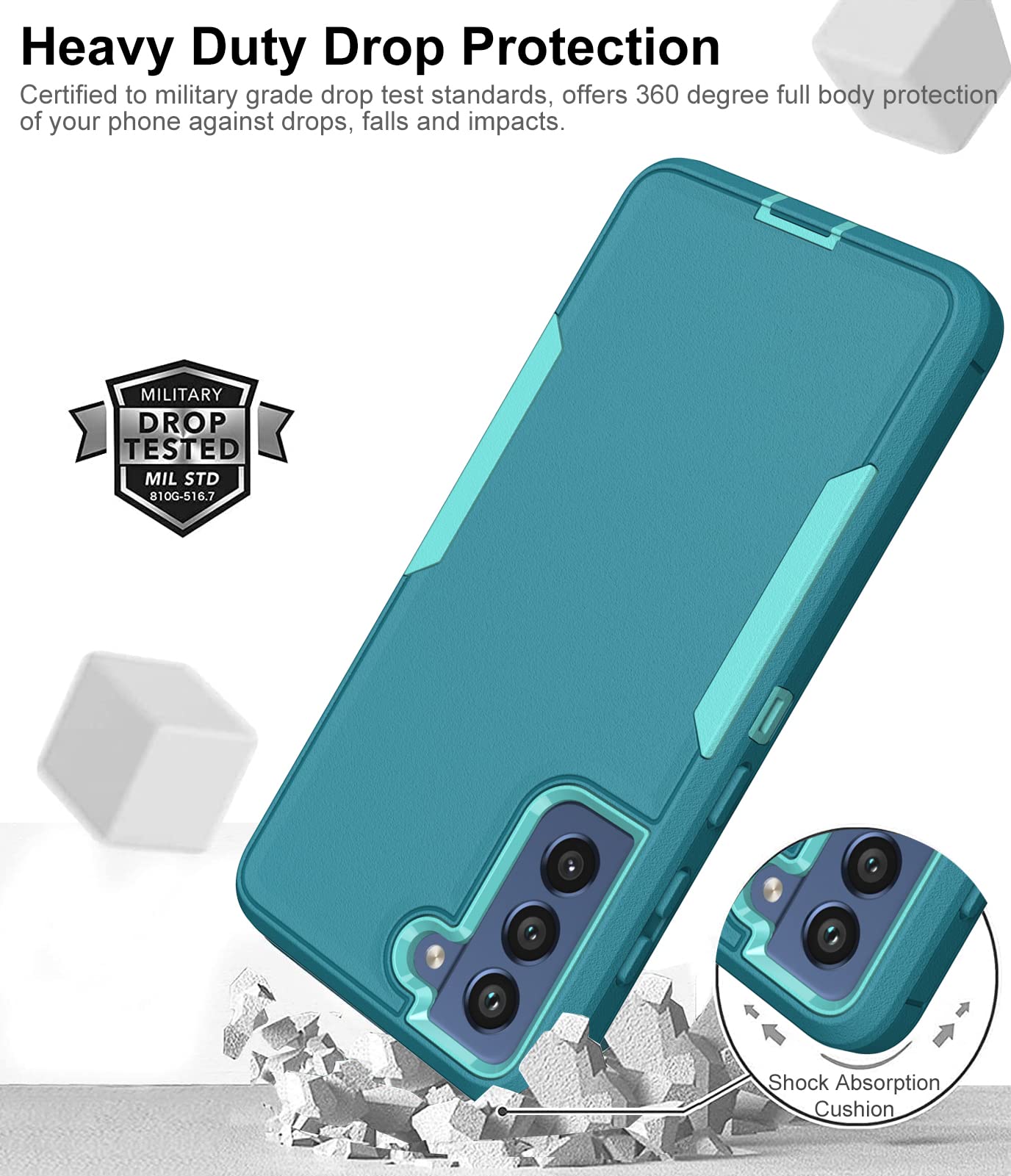 Dahkoiz for Samsung Galaxy S21 FE 5G Case, and Glass Screen Protector, Dust Proof Port Cover, Full Body Protection Durable Rubber Cover Phone Case, Teal