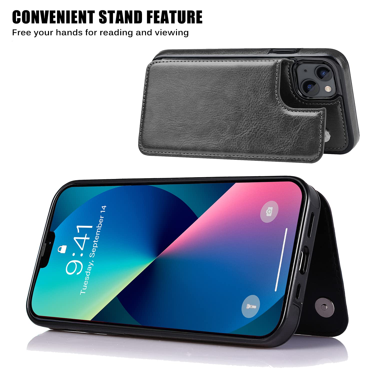 JOYAKI Wallet Case Compatible with iPhone 13,Slim Protective case with Card Holder,PU Leather Kickstand Card Slots Case with a Free Screen Protective Glass for iPhone 13(6.1")-Black