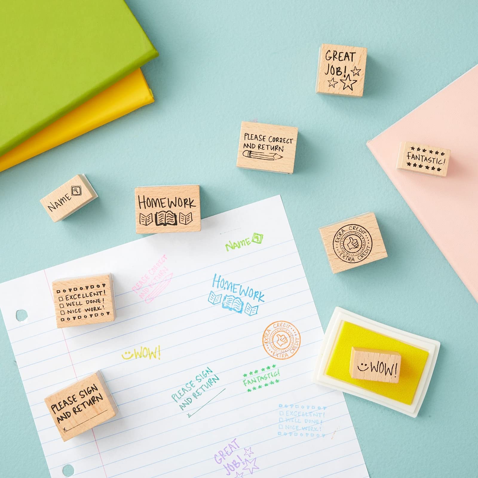 9 Piece Set of Wooden Rubber Teacher Stamps - Classroom Supplies for Grading Homework (Assorted Sizes)