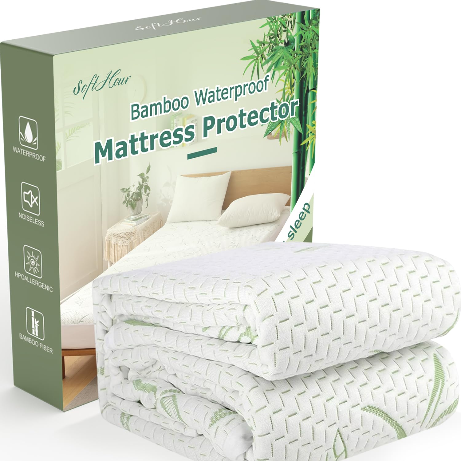 Full Waterproof Mattress Protector, Rayon Made from Bamboo Mattress Pad Cover, Soft Breathable Cooling Mattress Pad Cover, Mattress Protector up to 21” Deep Pocket Tightly Fitted Mattress Protection