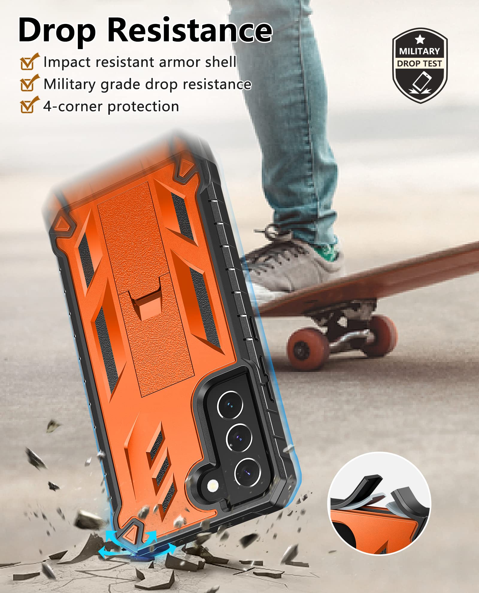 SOiOS for Samsung Galaxy S22 Protective Case: Military Grade Drop Proof Protection Mobile Phone Cover with Kickstand | Rugged Shockproof TPU Matte Textured Sturdy Phone Bumper (Orange)