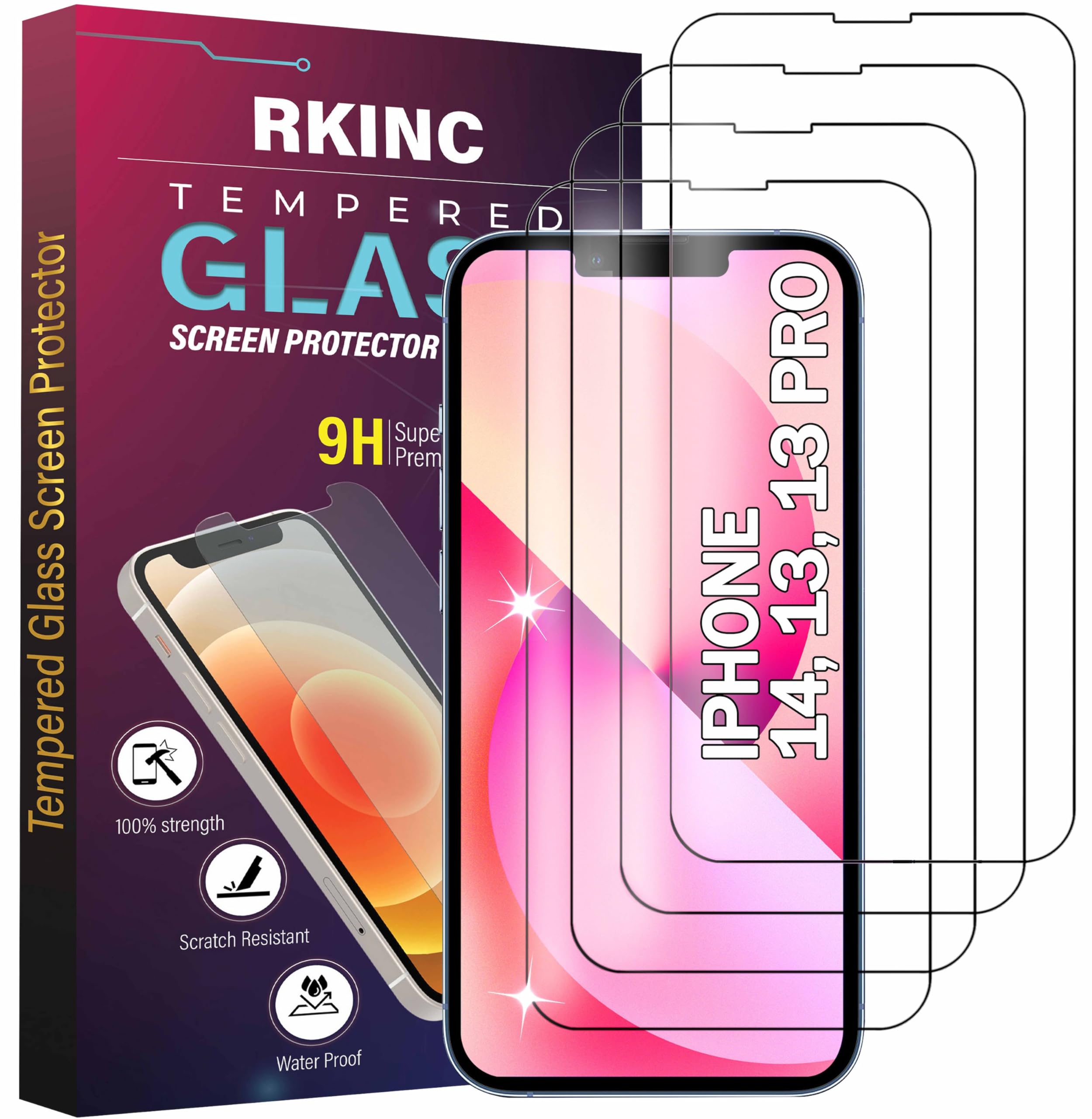 RKINC Screen Protector [4-Pack] for iPhone 16E/ iPhone 13 / iPhone 13 Pro/iPhone 14 6.1-Inch, Tempered Glass Film Screen Protector, 0.33mm [LifetimeWarranty][Bubble-Free][Anti-Scratch][Anti-Shatter]