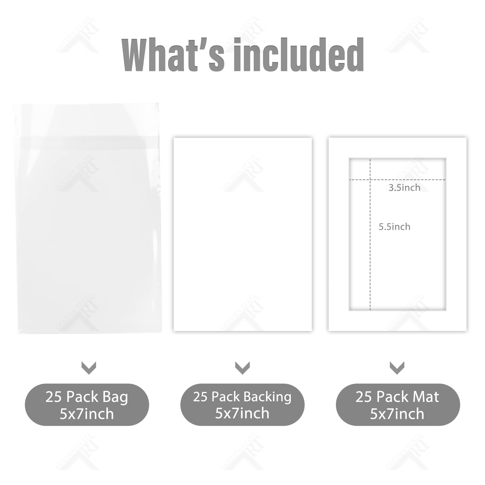 Golden State Art, Pack of 25, 5x7 White Picture Mat Full Set - Fit 4x6 Photo/Print - High Premier Acid Free Bevel Pre-Cut White Core Mattes - Includes 25 Backing Backer Board & Clear Bags