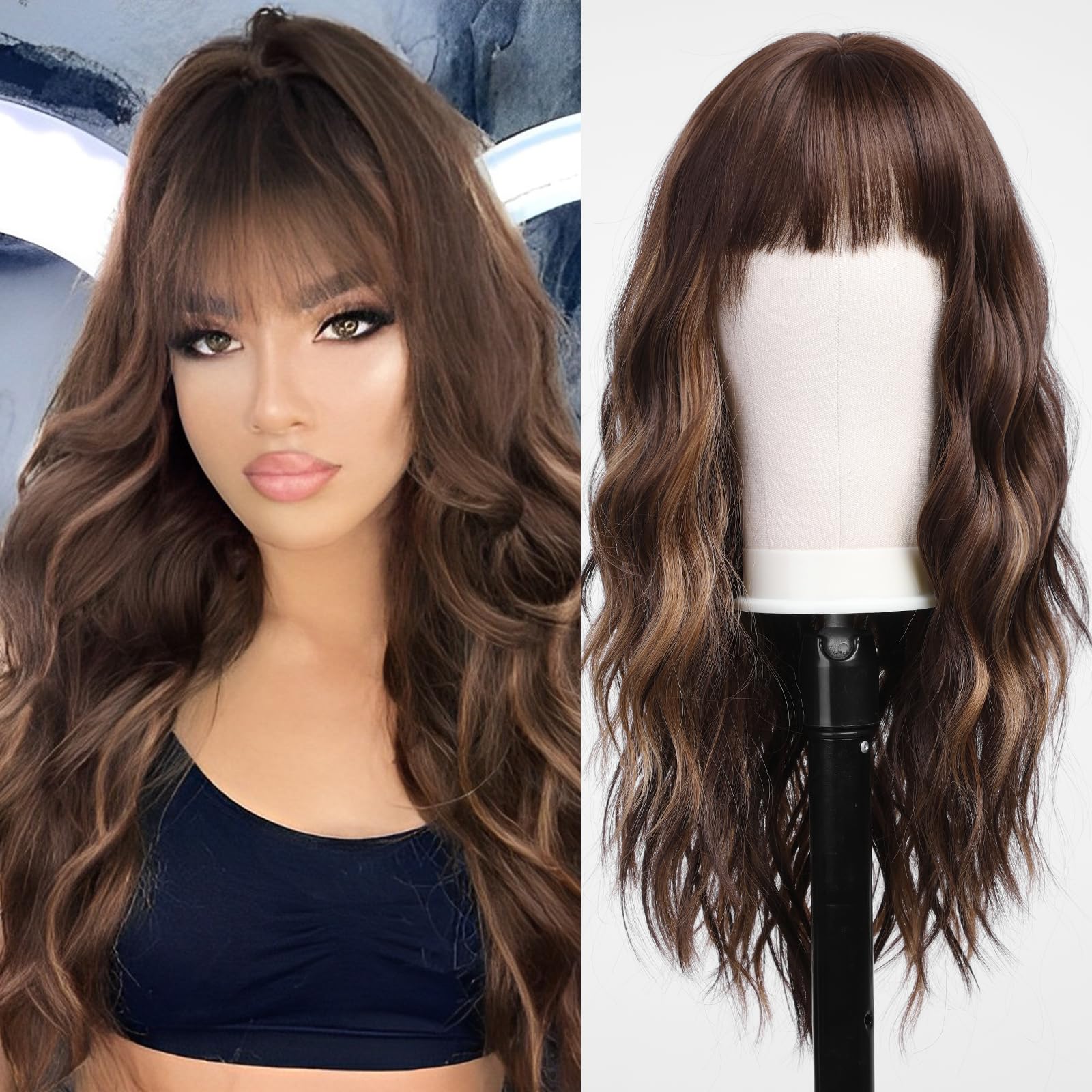 HAIRCUBE Long Brown Highlights Wigs for Women Curly Layered Wig with Bangs Natural Synthetic Hair
