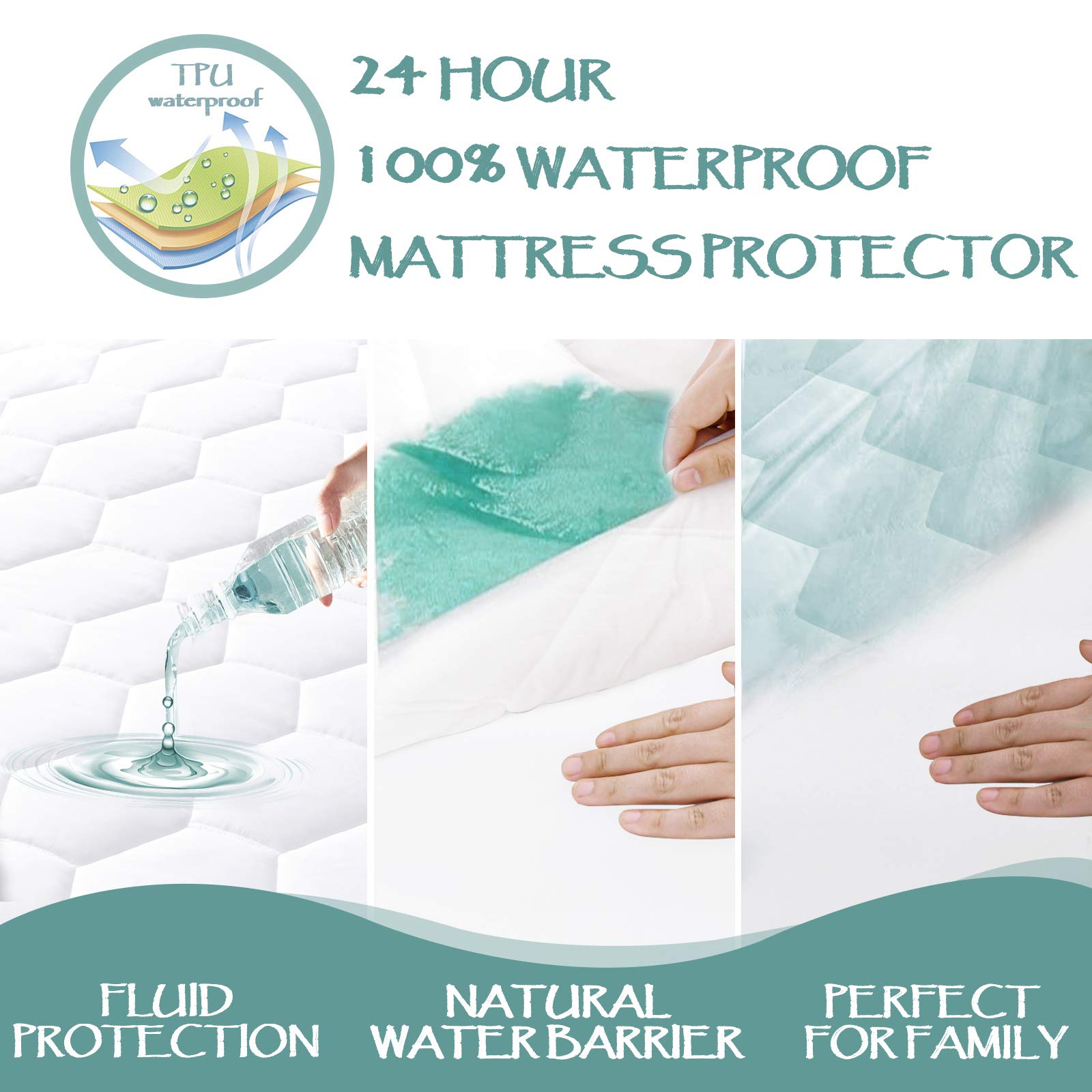 Full Quilted Waterproof Mattress Pad Cover,Soft Mattress Pad Cover, Waterproof Mattress Protector Stretches up to 16” Deep Pocket-Hollow Alternative Filling-Cooling Mattress Topper