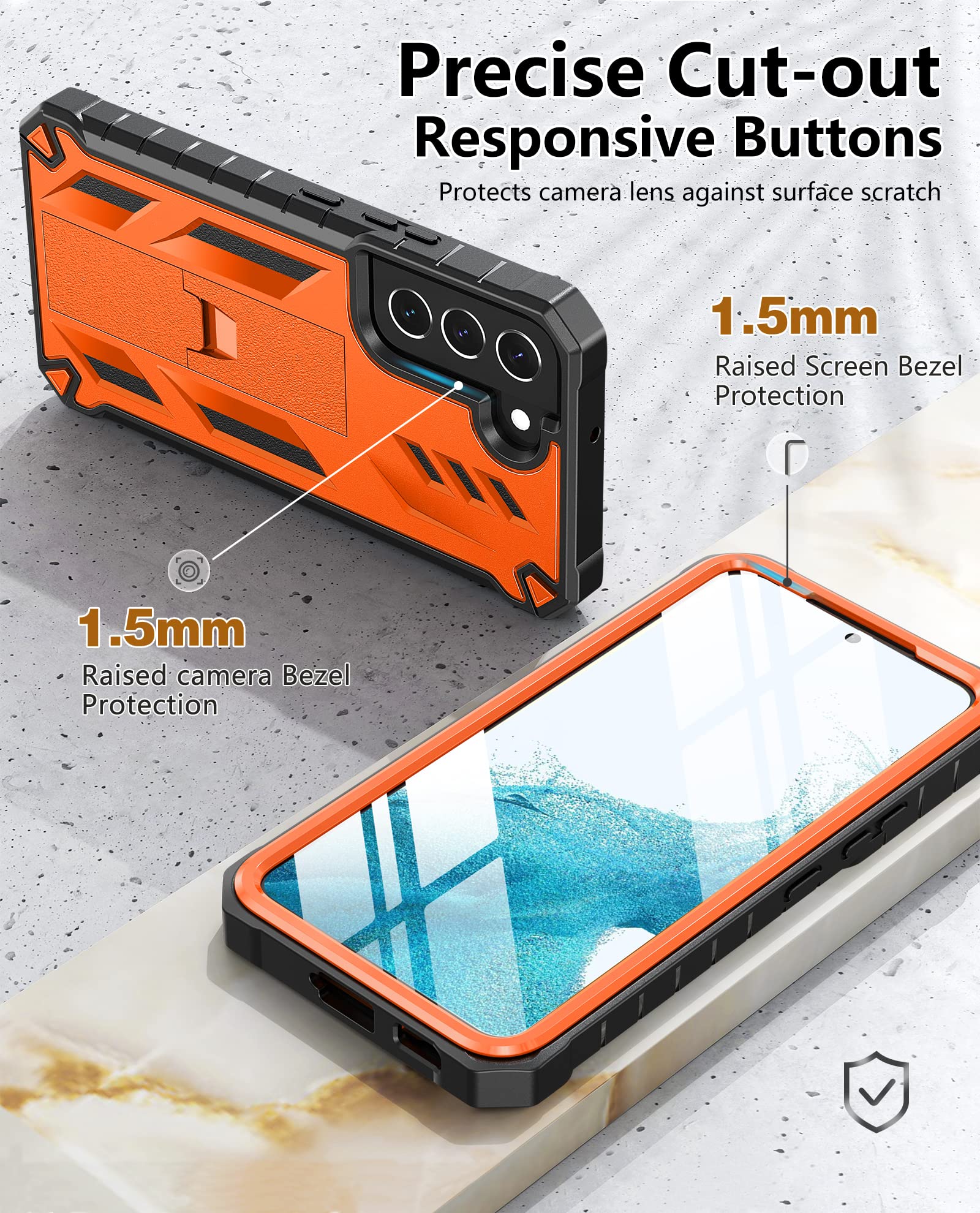 SOiOS for Samsung Galaxy S22 Protective Case: Military Grade Drop Proof Protection Mobile Phone Cover with Kickstand | Rugged Shockproof TPU Matte Textured Sturdy Phone Bumper (Orange)