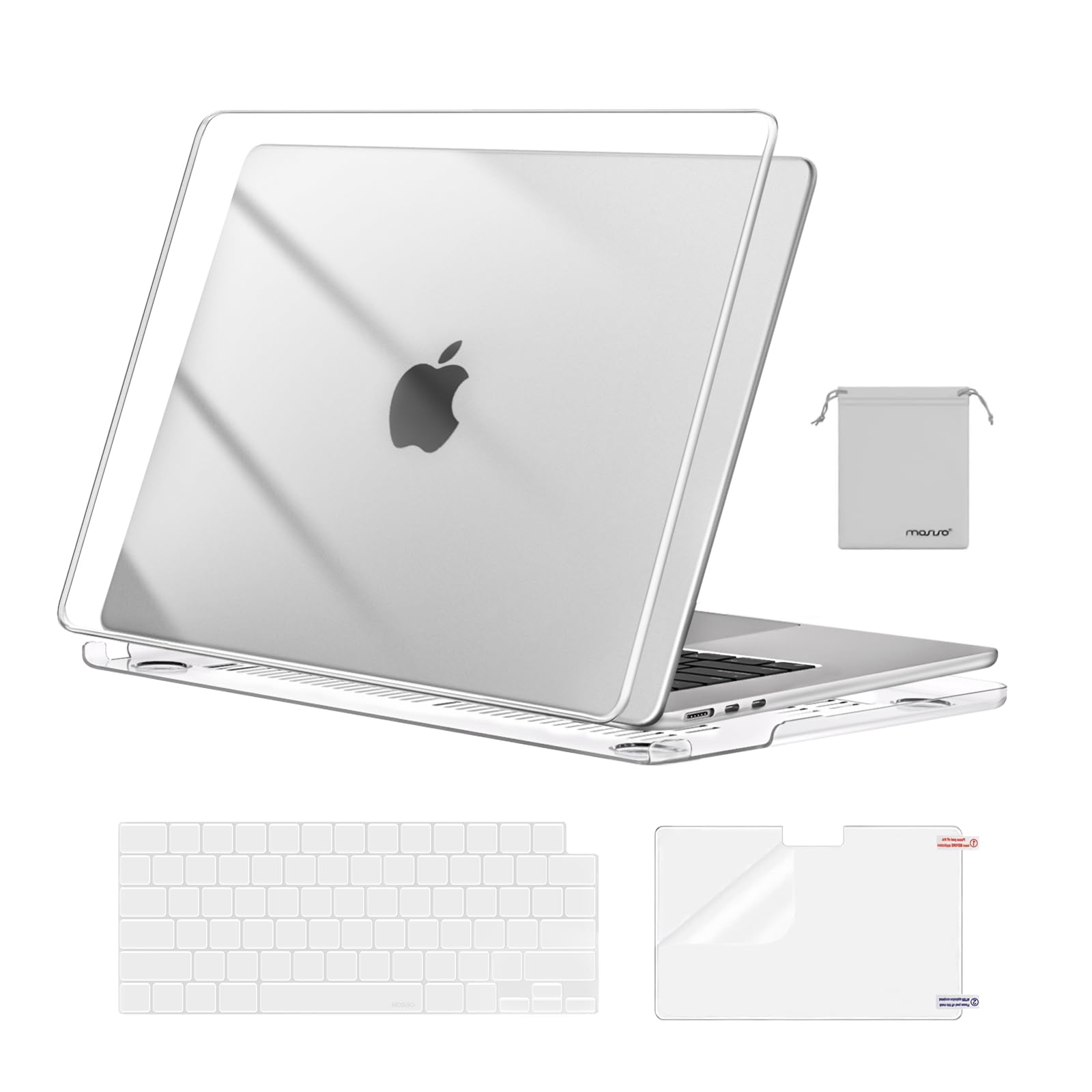 MOSISO Compatible with MacBook Air 15 inch Case M4 M3 M2 2025 2024 2023 Release A3241 A3114 A2941 with Touch ID, Plastic Hard Shell Case&Keyboard Cover&Screen Protector&Storage Bag, Crystal Clear
