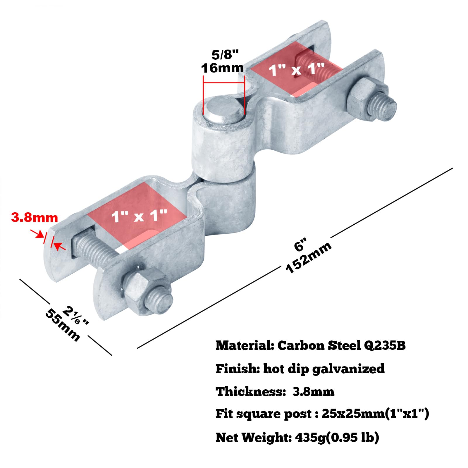 4 Pairs 1" x 1" x 5/8" Square Chain Link Fence Gate Frame Post Hinge Male and Female,Max Load 165lb
