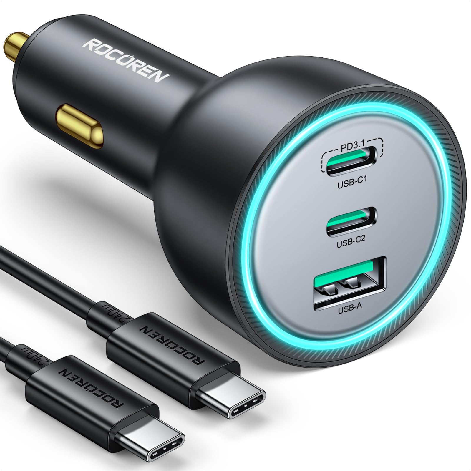 Rocoren 165W USB C Car Charger, PD3.1 140W/PD3.0 100W Type C Car Charger, QC5 Super Fast Charging Cigarette Lighter USB Charger with 240W Cable for MacBook Pro, iPhone 16, Samsung S25, iPad, Laptops