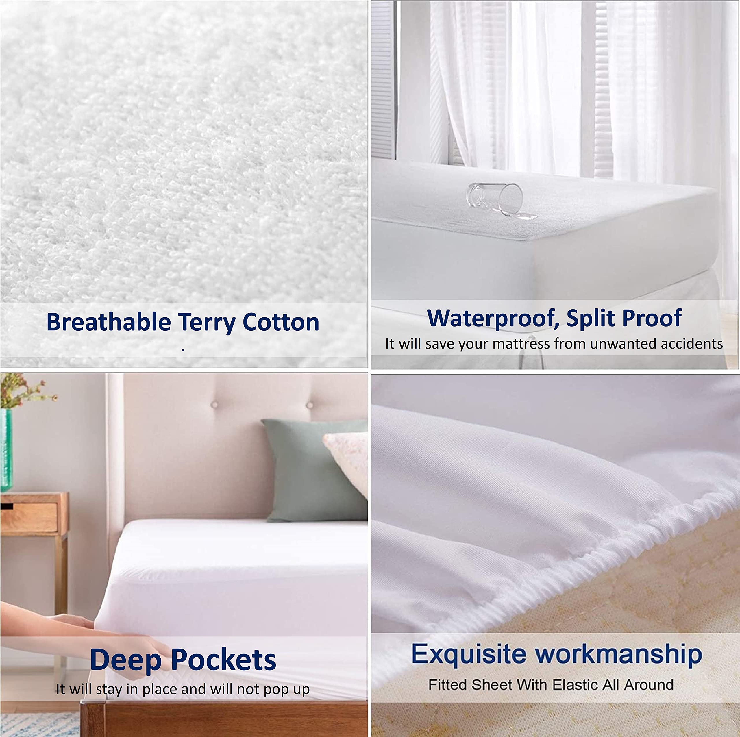 Split Queen Mattress Protector for Adjustable Bed, 100% Waterproof Terry Cotton Mattress Cover, 2 PC [30X80 + 30X80] Set, 15-Inch Deep Pockets - [2 Piece Split Queen Mattress Protector]