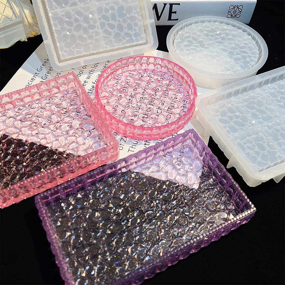 3PCS Diamond Resin Tray Mold with Edges, Silicone Tray Mold for Resin Casting, Square Rectangle Round Epoxy Mold DIY Jewelry Plate Box Candle Holder Container Resin Art Craft Making Supplies
