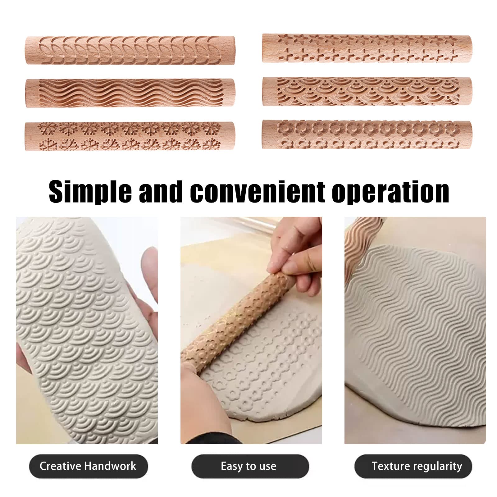 6Pcs Clay Modeling Pattern Rollers, Large Texture Rollers for Clay Wooden Handle Pottery Tools Snowflakes Stars Wood Wave Pattern Clay Rolling Pottery Ceramic Carved Tools for DIY Handcrafts (B)