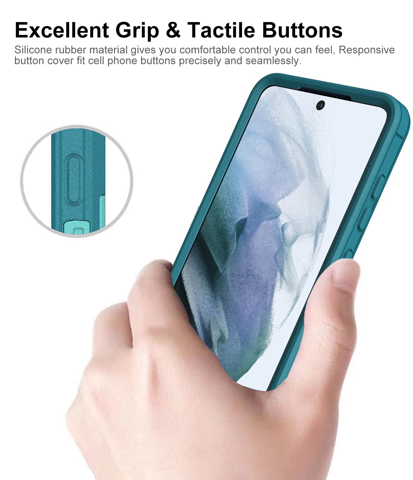 Dahkoiz for Samsung Galaxy S21 FE 5G Case, and Glass Screen Protector, Dust Proof Port Cover, Full Body Protection Durable Rubber Cover Phone Case, Teal