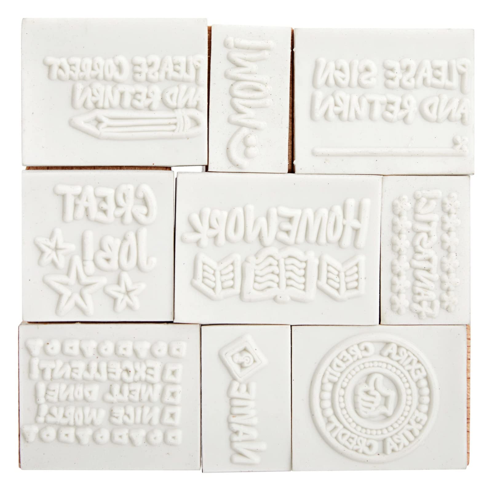 9 Piece Set of Wooden Rubber Teacher Stamps - Classroom Supplies for Grading Homework (Assorted Sizes)