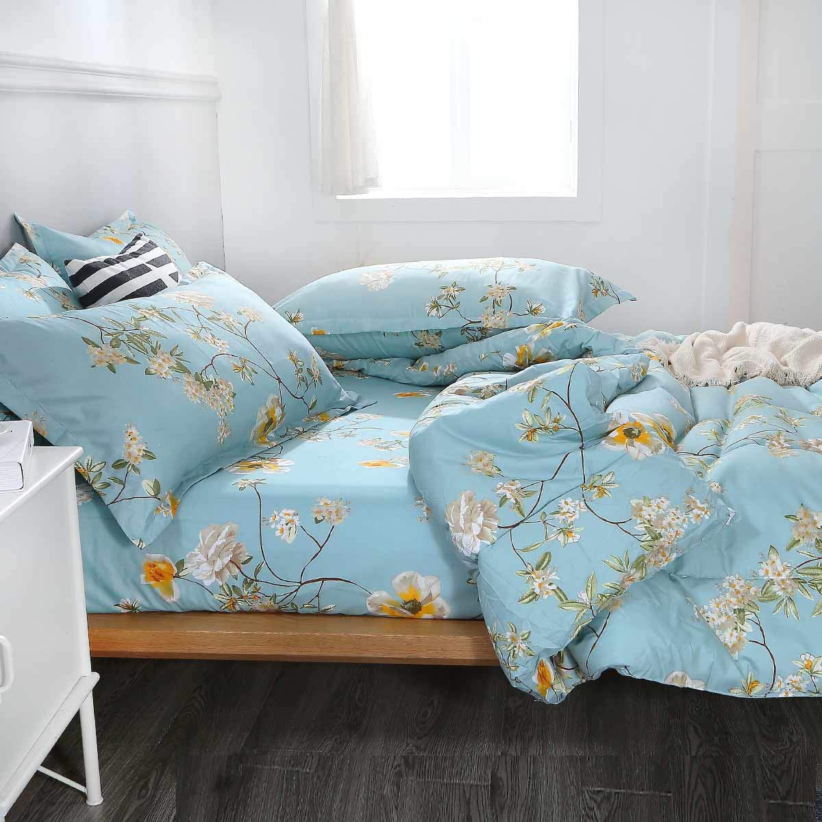 Nanko Queen Fitted Bed Sheet 80x60 Deep Pocket Mattress Teal Floral Farmhouse Best Luxury Cool Soft Lightweight Microfiber Bedding Set 2 Pillowcases 10 11 12 14 inch Green White Flower