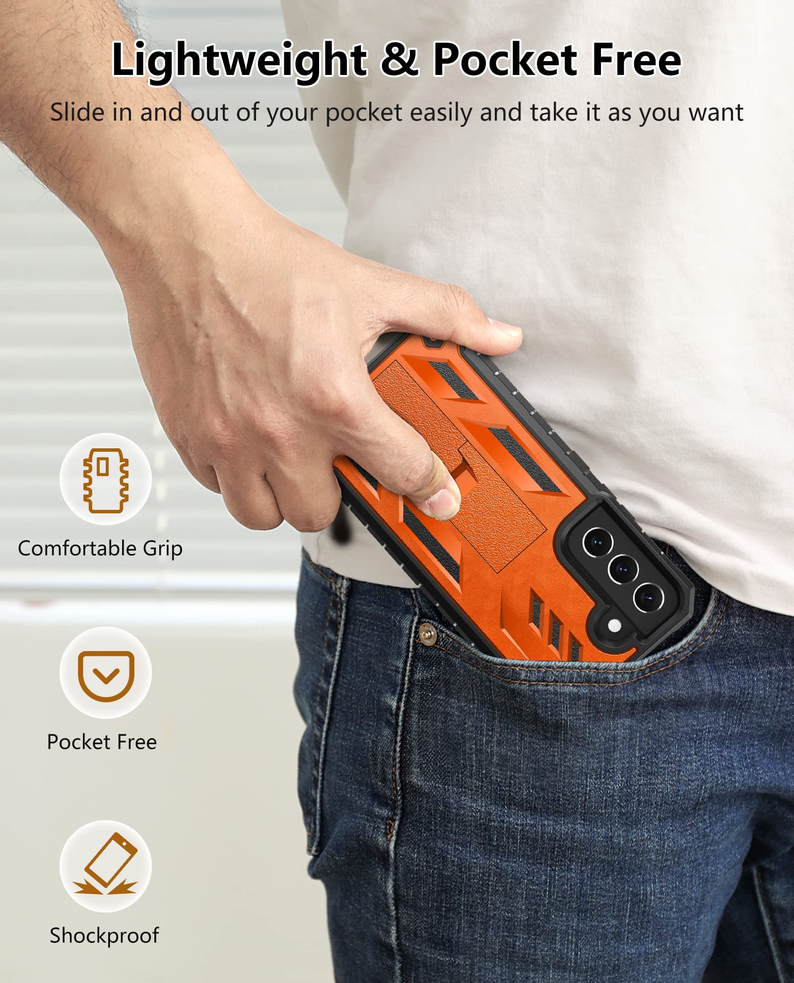 SOiOS for Samsung Galaxy S22 Protective Case: Military Grade Drop Proof Protection Mobile Phone Cover with Kickstand | Rugged Shockproof TPU Matte Textured Sturdy Phone Bumper (Orange)