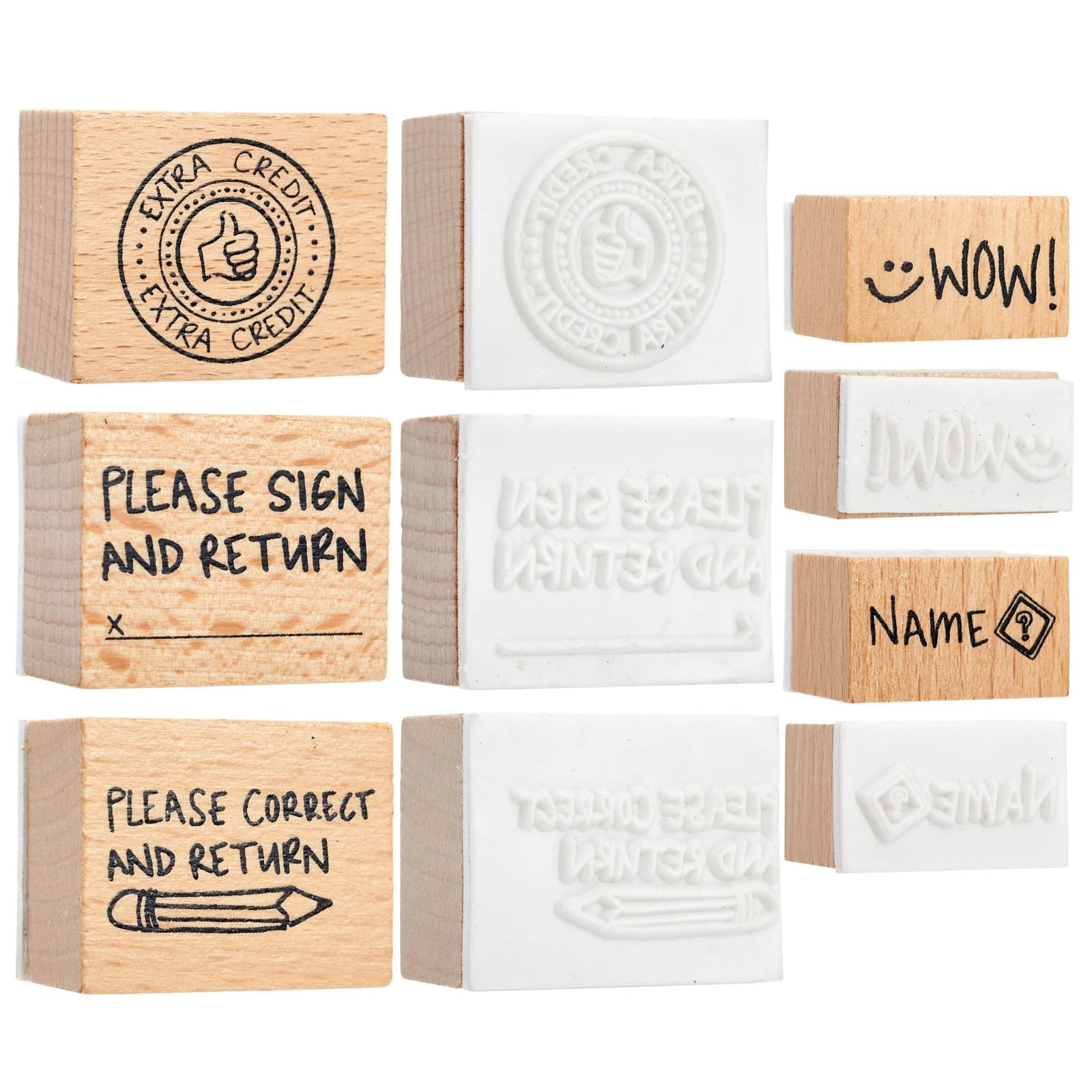 9 Piece Set of Wooden Rubber Teacher Stamps - Classroom Supplies for Grading Homework (Assorted Sizes)