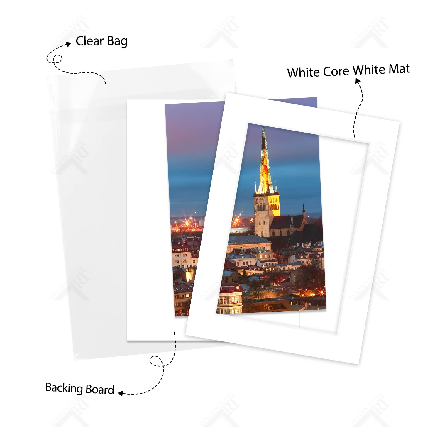 Golden State Art, Pack of 25, 5x7 White Picture Mat Full Set - Fit 4x6 Photo/Print - High Premier Acid Free Bevel Pre-Cut White Core Mattes - Includes 25 Backing Backer Board & Clear Bags