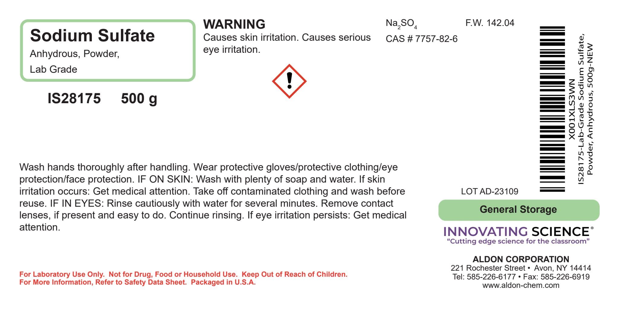 ALDON Innovating Science Laboratory-Grade Sodium Sulfate, Powder, Anhydrous, 500g - The Curated Chemical Collection