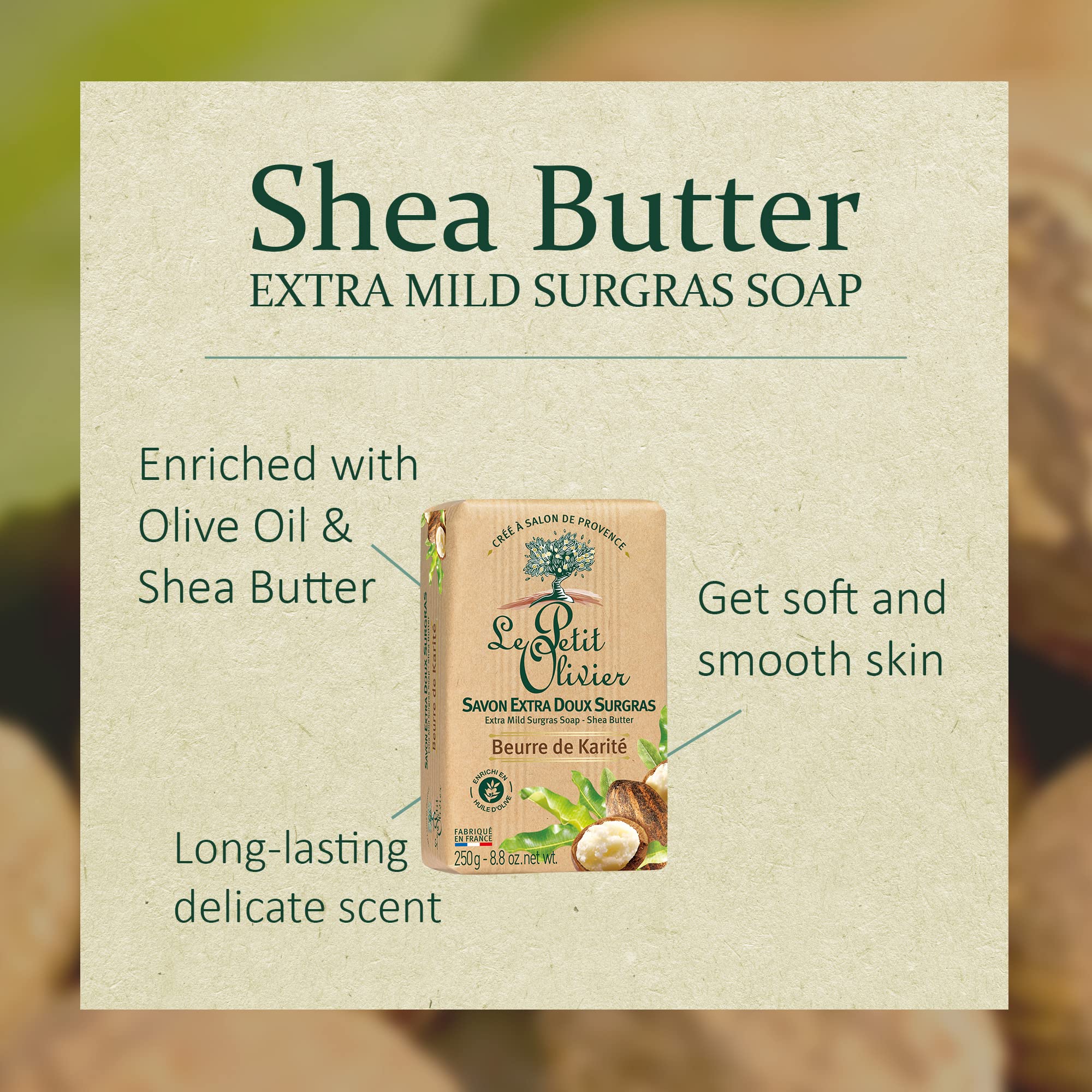 Le Petit Olivier Extra Mild Surgras Soap - Shea Butter - Gently Cleanses Skin - Delicately Perfumed - Moisturizing And Softening - Vegetable-Based - Eco-Friendly Packaging - Paraben Free - 8.8 Oz