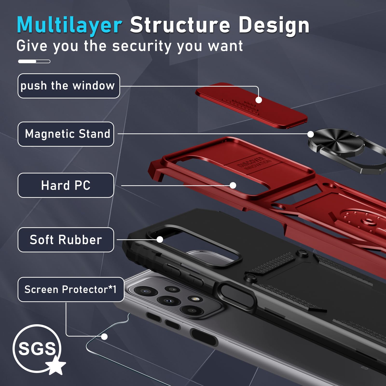 Janmitta Compatible with Galaxy A23 5G/4G Case Built in Slide Camera Lens Cover+Screen Protector,Heavy Duty Shockproof Full Body Cover,Built in Finger Ring Stable Holder Kickstand,2022 Red