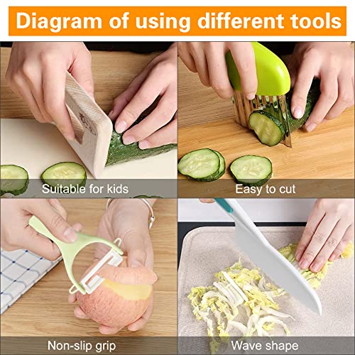 8 Pieces Wooden Kids Kitchen Knives Set for Real Cooking include 4 Plastic Toddler Safe Knives/Crinkle Cutter/Kids Cutting Board/Y-Peeler/Resistant Gloves for Cutting Veggies Fruit Cake Salad Bread