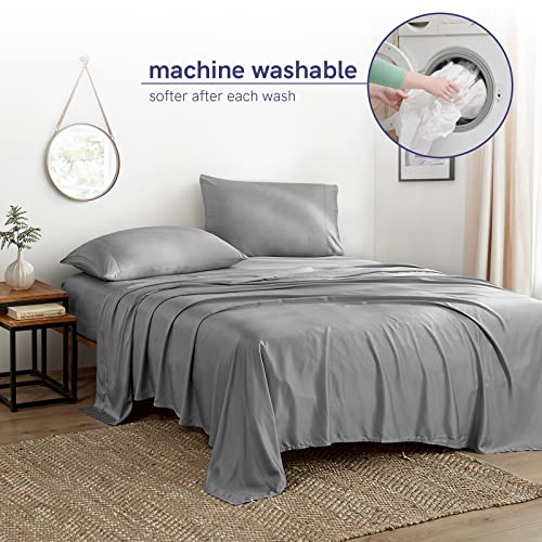 YnM Cooling Bed Sheet Set with 100 Percent Rayon Derived from Bamboo, 400TC Fabric with 2 Pillowcases and Flat Sheet, Deep Pocket Fit 19'', Silky-Soft & Sweat Wicking, 4 Piece (Queen, Dark Grey)