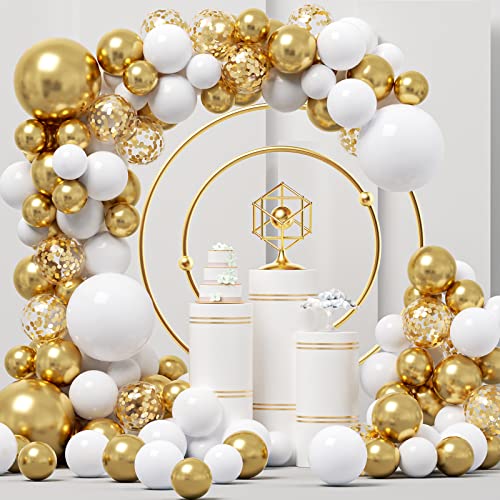 White and Gold Balloon Garland Kit, 124Pcs Arch Kit with Confetti White and Gold Balloons, Bright Durable Latex Balloons for Birthday, Anniversary, Wedding, Bridal Shower, Engagement, Party Decoration