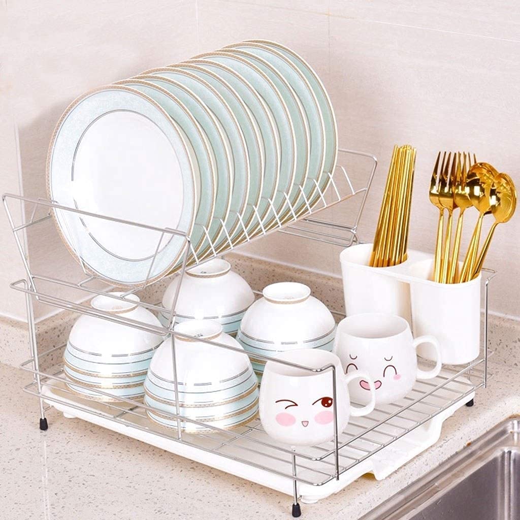 Plate Rack Draining Dish Rack Dish Drying Rack 2 Tier Dish Rack With Drainboard, Dish Drainer With Utensil Holder And Cup Holder Pan Plate Holder