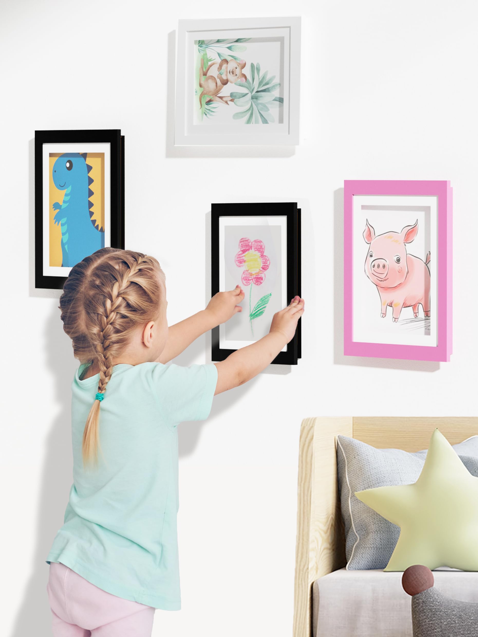 Orionstar Kids Art Frames, Artwork Picture Frames Changeable, Front Opening Picture Display Frames Holds 11.8X8.5inch 100 A4 Pcs, Artwork Display Storage Frames for Children, Home (Black 2 Pack)