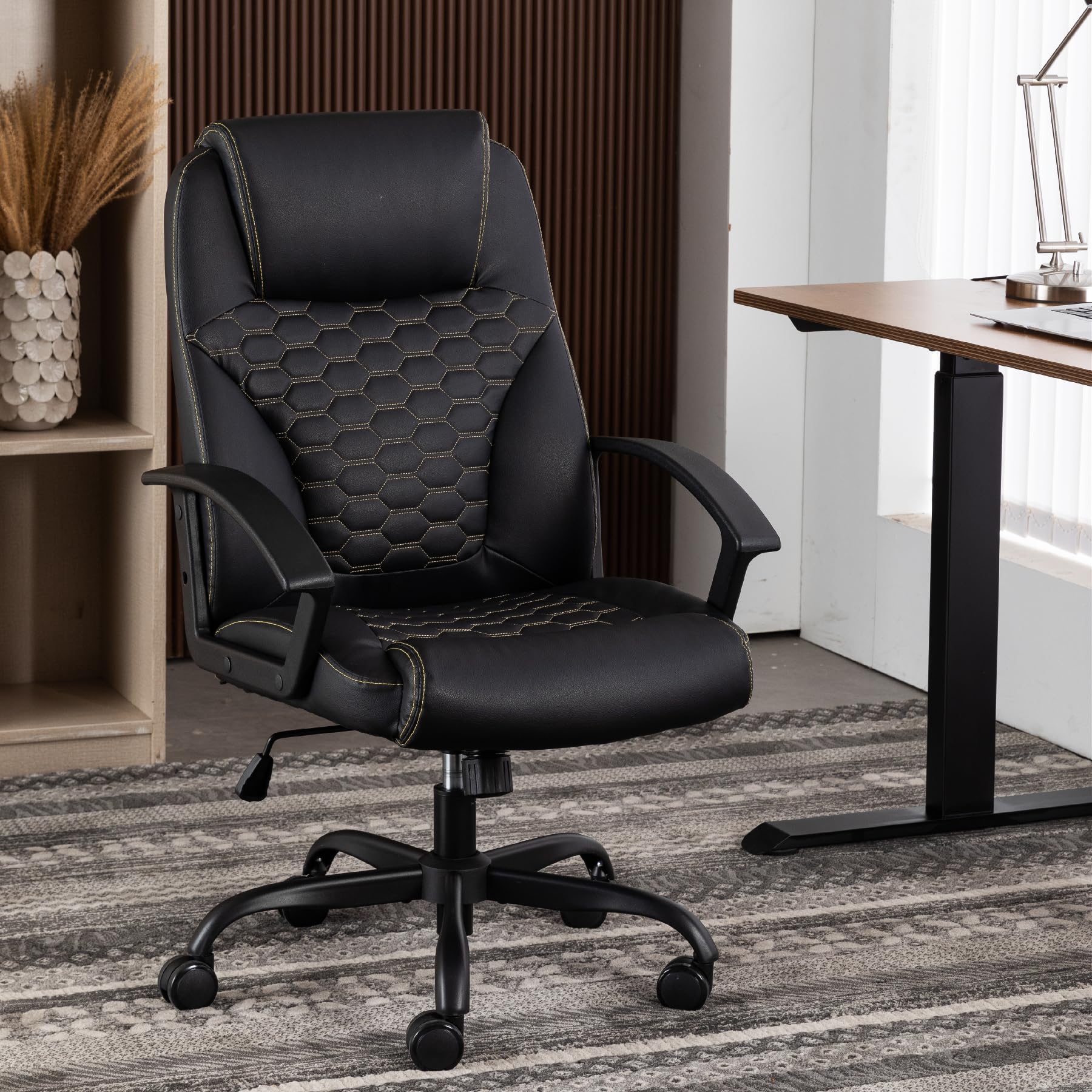 Office Chair Executive Office Desk Chair High Back Adjustable Ergonomic Managerial Rolling Swivel Task Chair Computer PU Leather Home Office Desk Chairs with Lumbar Support (Black,Gold Stitching)