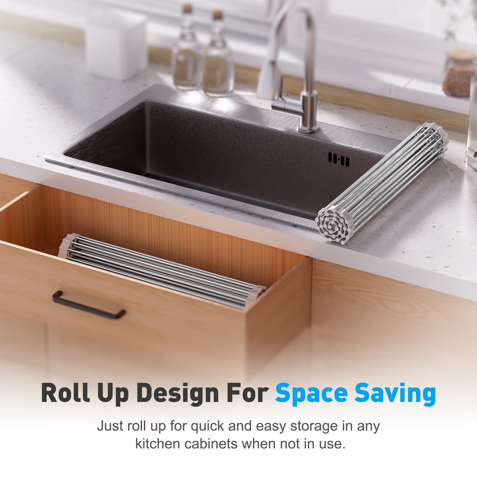 EMBATHER Roll Up Dish Drying Rack Over The Sink, Dish Drying Rack for Kitchen Counter, Multipurpose Stainless Steel Foldable Kitchen Drainer Rack with Silicone Mat, Anti-Slip, (Grey, 20.5"x15")