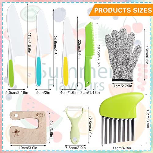 8 Pieces Wooden Kids Kitchen Knives Set for Real Cooking include 4 Plastic Toddler Safe Knives/Crinkle Cutter/Kids Cutting Board/Y-Peeler/Resistant Gloves for Cutting Veggies Fruit Cake Salad Bread