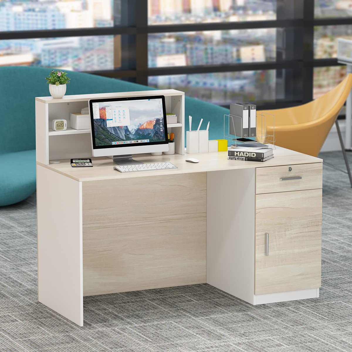 AGOTENI Reception Desk, Front Counter Desk with Lockable Drawer & Open Shelf, Reception Table Wooden Computer Desk for Office Reception Room, Oak