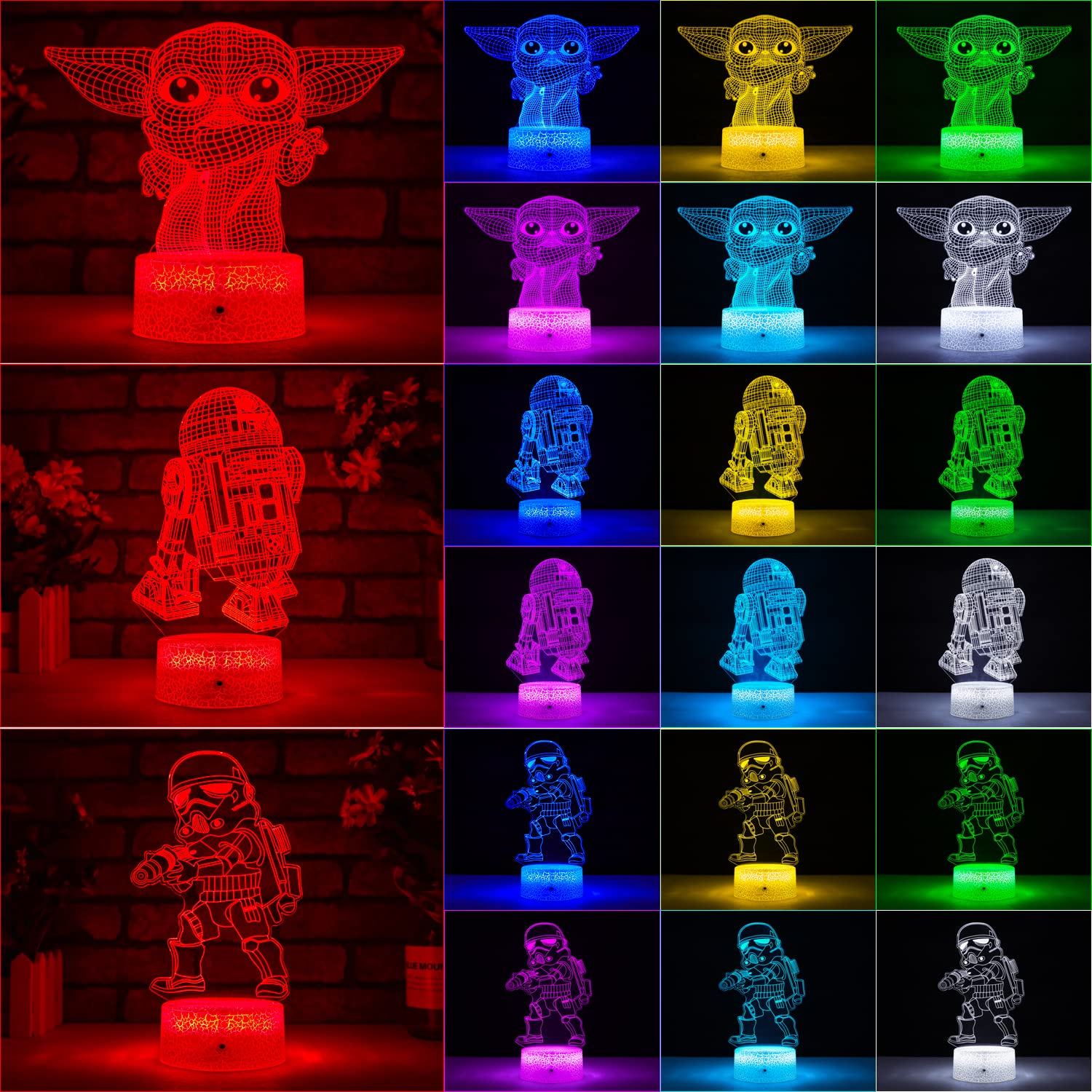 3D Illusion Star Lamp, Yoda Baby Night Light for Kids, 3 Pattern LED Wars Night Lamp for Room Decor Bedside Lamp as Christmas Gifts for Boys Girls Men