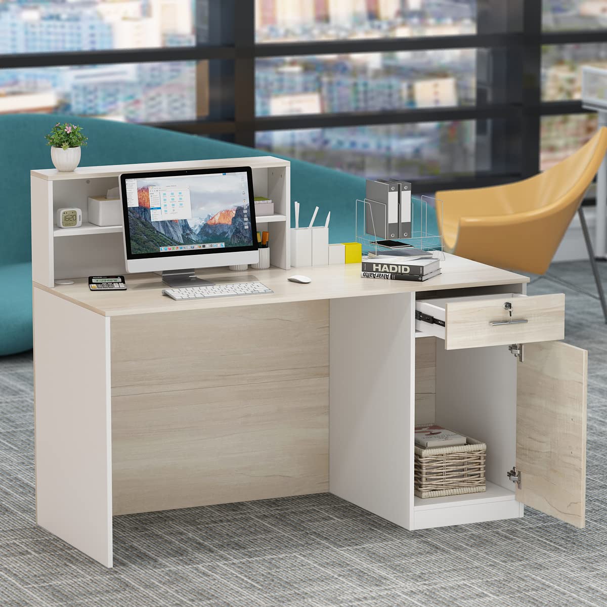 AGOTENI Reception Desk, Front Counter Desk with Lockable Drawer & Open Shelf, Reception Table Wooden Computer Desk for Office Reception Room, Oak