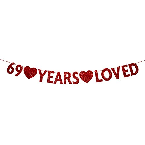 Red 69 Year Loved Banner, Red Glitter Happy 69th Birthday Party Decorations, Supplies