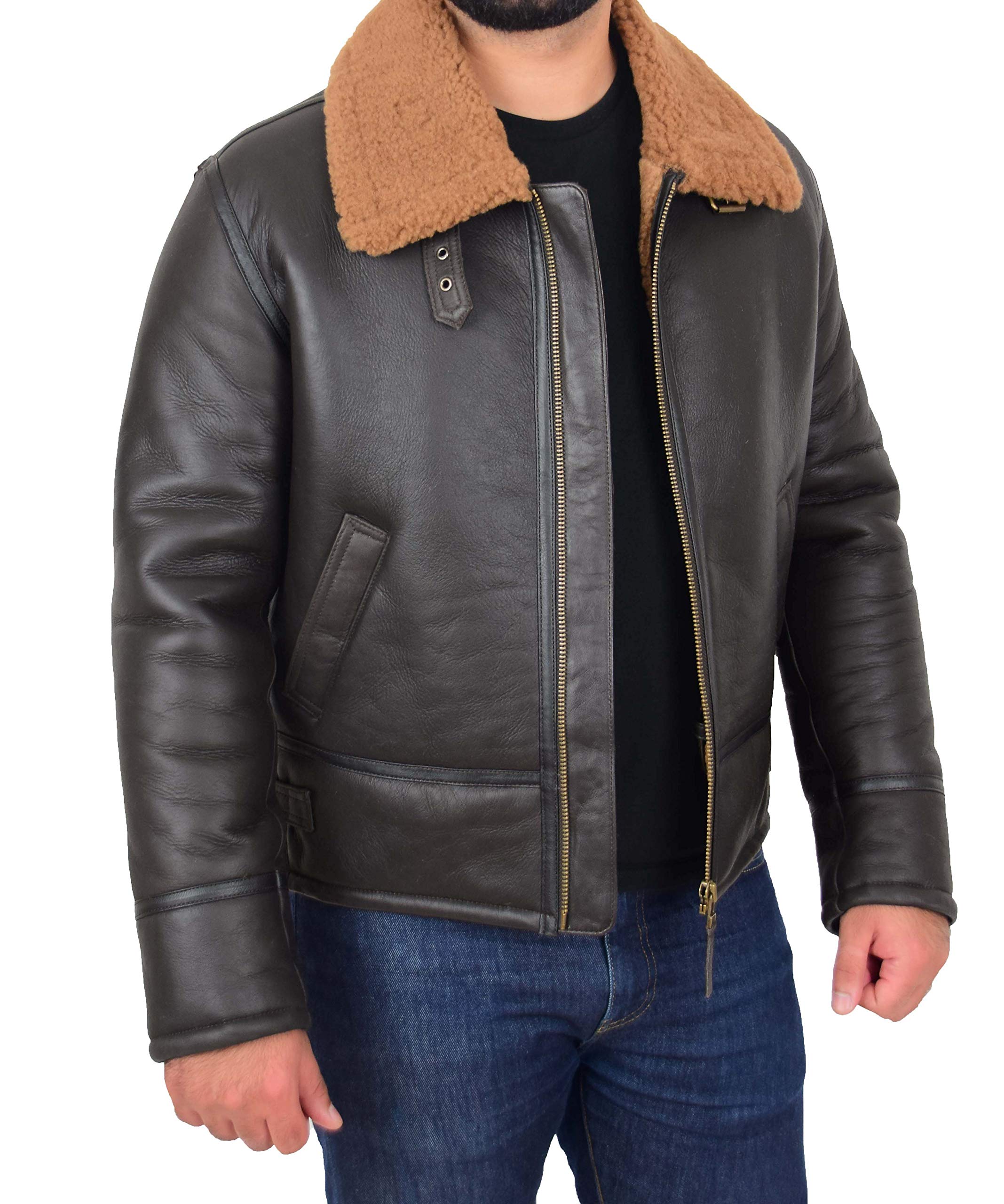 A1 FASHION GOODS Original Sheepskin Flying Jacket For Men B3 Bomber Aviator Pilots Shearling Coat Raptor (Brown/Ginger, Small)
