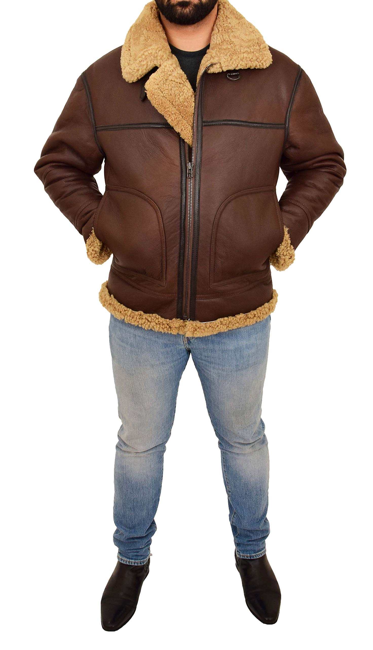 A1 FASHION GOODS Mens Brown Real Sheepskin B3 Flying Bomber Jacket Shearling Aviator Pilot Coat Larry (XXX-Large)