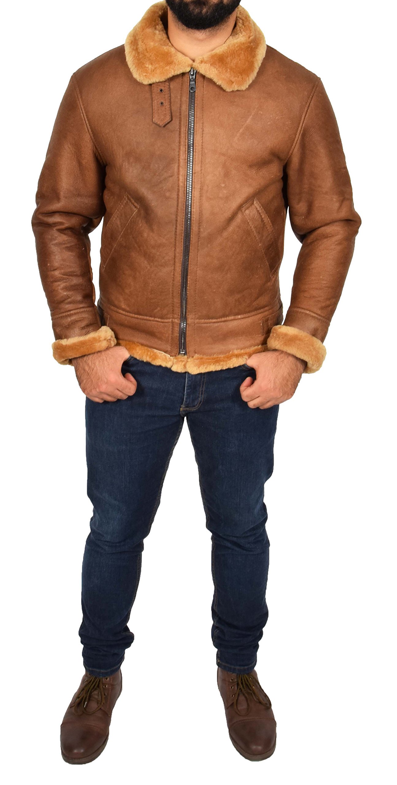 A1 FASHION GOODS Real Sheepskin Flying Jacket Vintage Tan Shearling Bomber Authentic Aviator Coat Tornado (Large)
