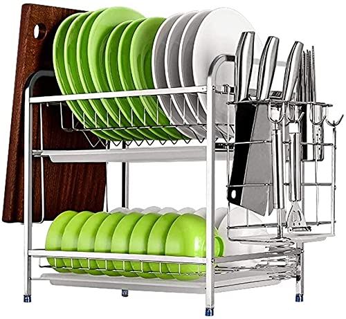Plate Rack Draining Dish Rack Dish Drying Rack 304 Stainless Steel 2 Tier Dish Rack With Drain Board, Utensil Holder, Cutting Board Pan Plate Holder