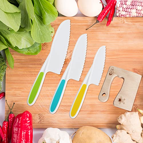 8 Pieces Wooden Kids Kitchen Knives Set for Real Cooking include 4 Plastic Toddler Safe Knives/Crinkle Cutter/Kids Cutting Board/Y-Peeler/Resistant Gloves for Cutting Veggies Fruit Cake Salad Bread