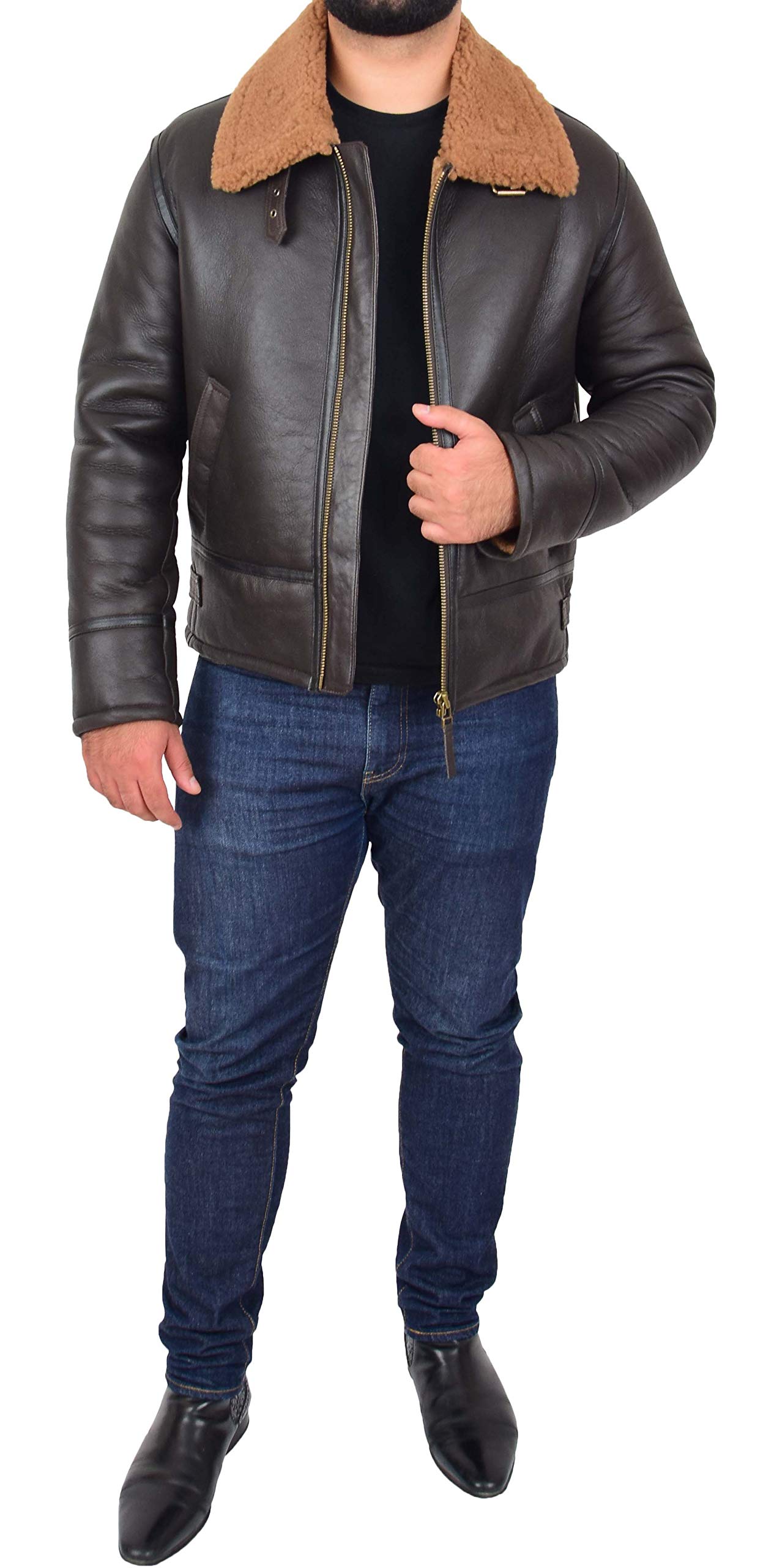 A1 FASHION GOODS Original Sheepskin Flying Jacket For Men B3 Bomber Aviator Pilots Shearling Coat Raptor (Brown/Ginger, Small)