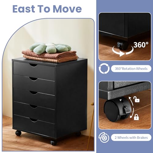 NEWBULIG 5 Drawer Storage Organizer, Wood File Cabinets with Wheels, Large Printer Stand for Home Office Study Dressing Room