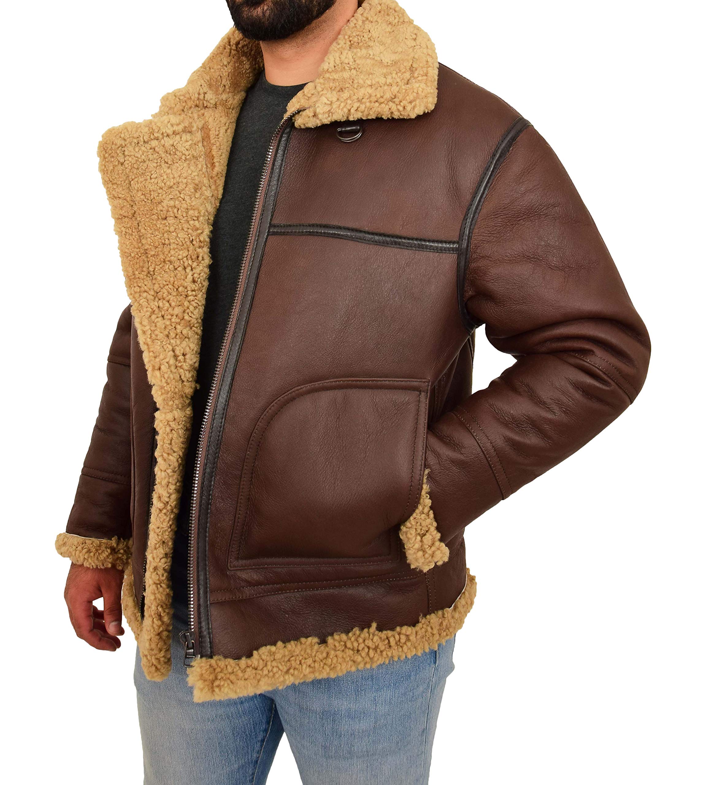 A1 FASHION GOODS Mens Brown Real Sheepskin B3 Flying Bomber Jacket Shearling Aviator Pilot Coat Larry (XXX-Large)